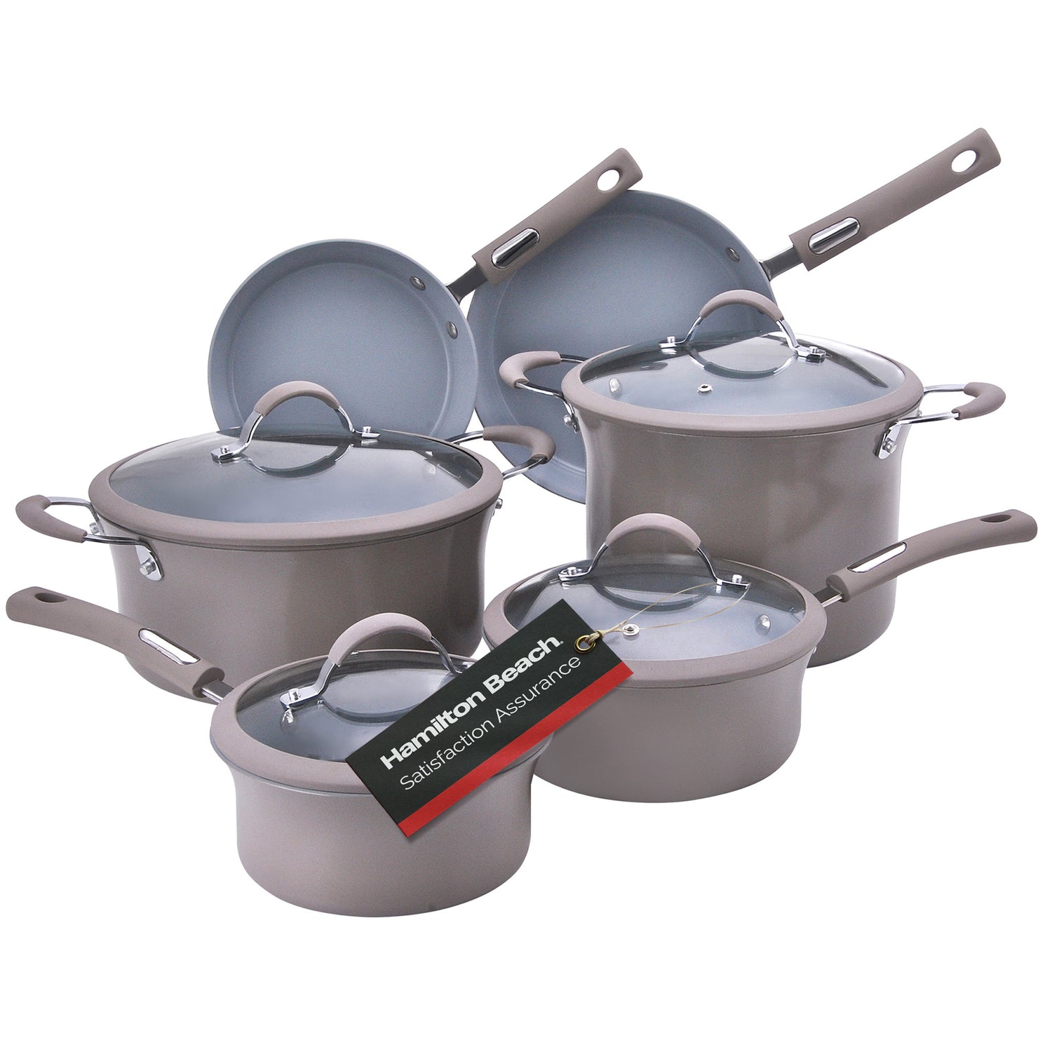 Hamilton Beach Cookware Set, 10-Pieces, Pots, Pans, and Glass Lids, No