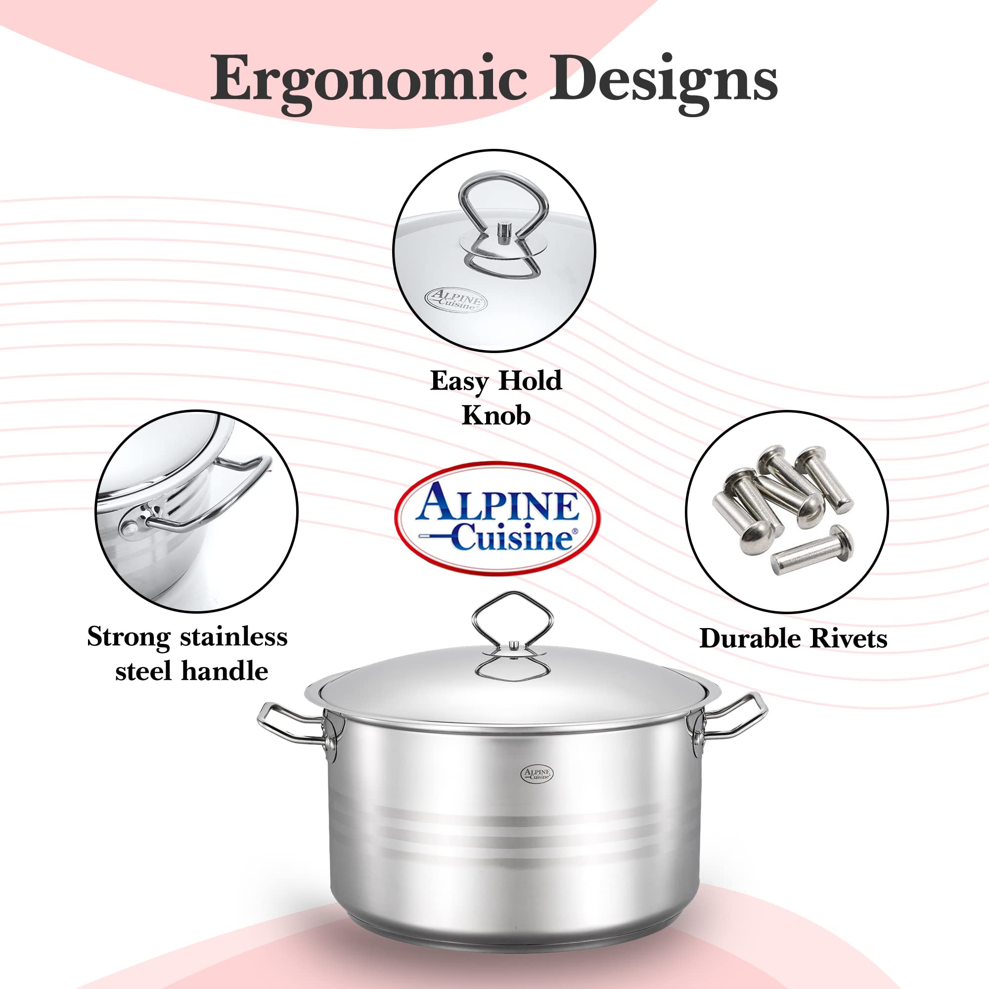 Alpine Cuisine Stainless Steel Dutch Oven with Lid & Easy Cool Handle,