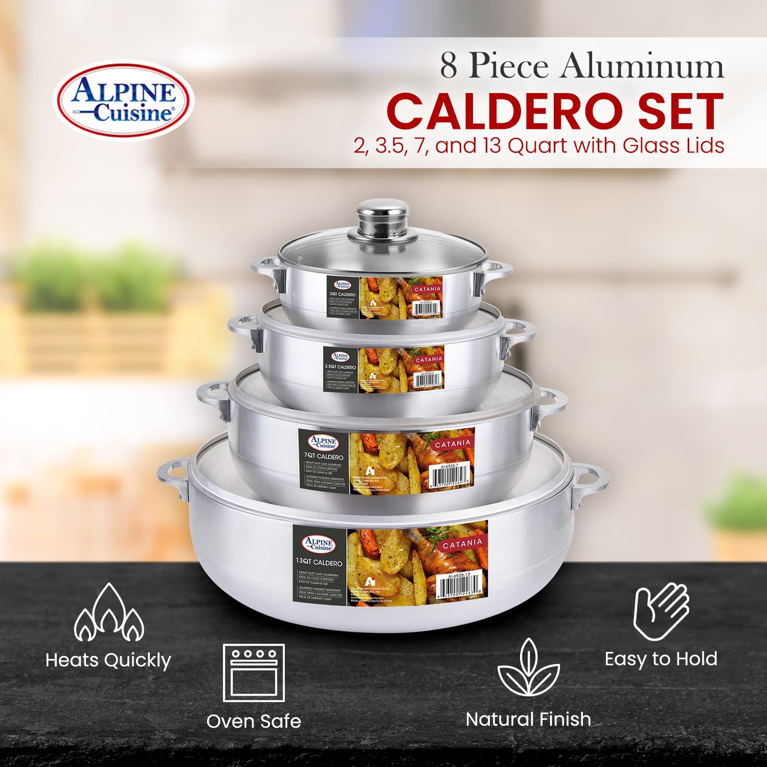 Alpine Cuisine 8pc Set Aluminum Caldero Stock Pot with Glass Lid, Cook