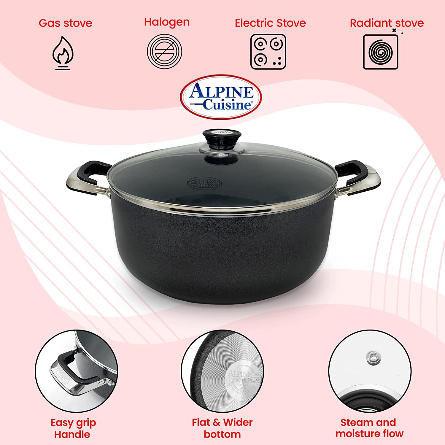 Alpine Cuisine 18 Quart Non-stick Stock Pot with Tempered Glass Lid an