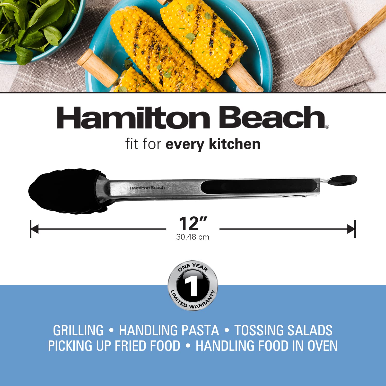 Hamilton Beach Stainless Steel 12in Food Tong with Silicon Top, Servin