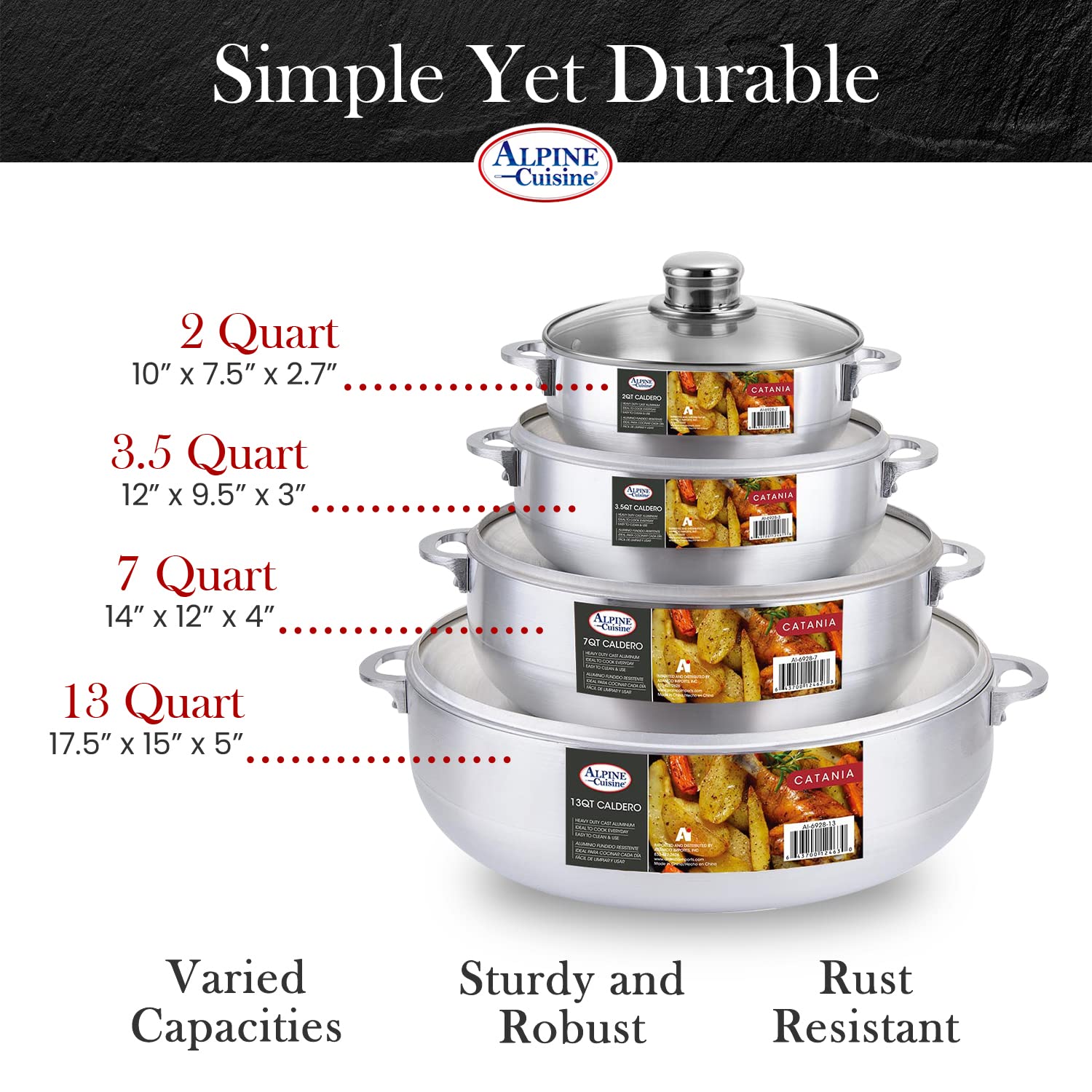 Alpine Cuisine 8pc Set Aluminum Caldero Stock Pot with Glass Lid, Cook