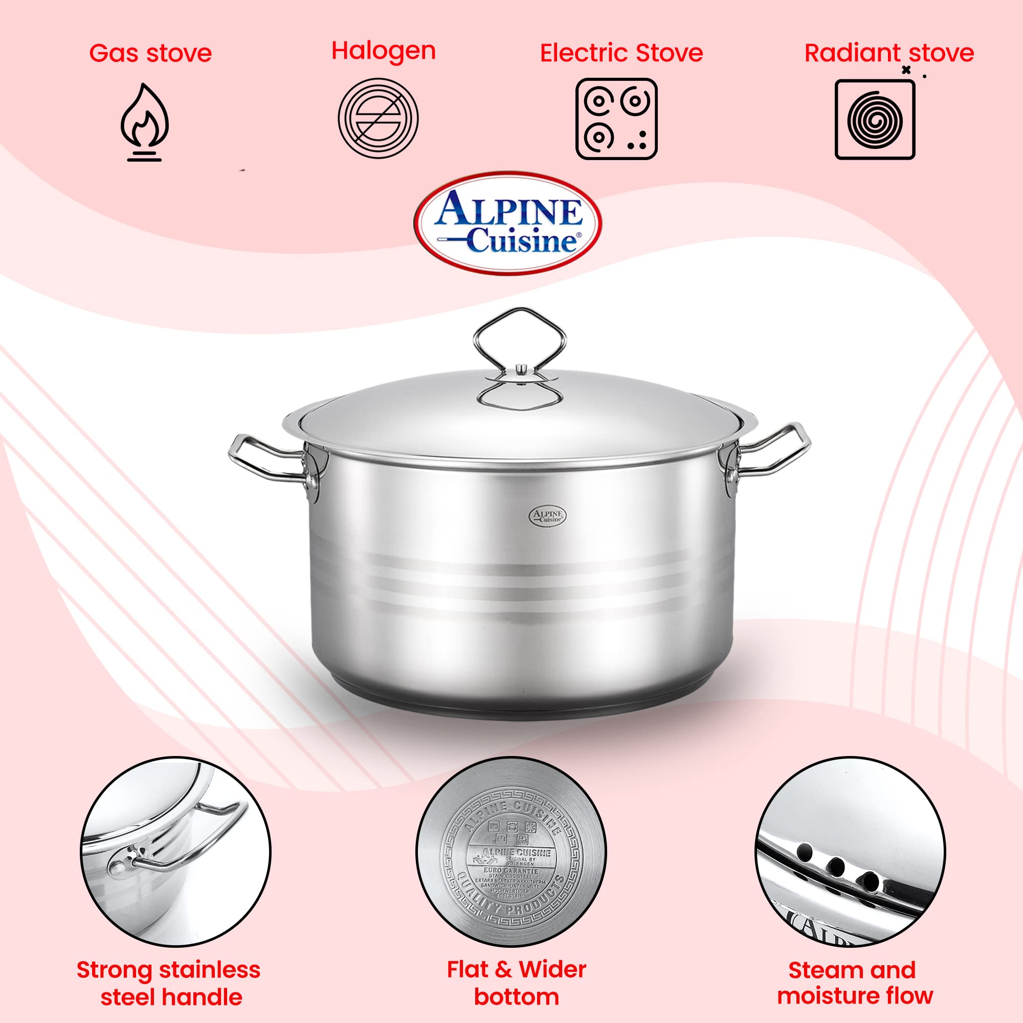 Alpine Cuisine Stainless Steel Dutch Oven with Lid & Easy Cool Handle,