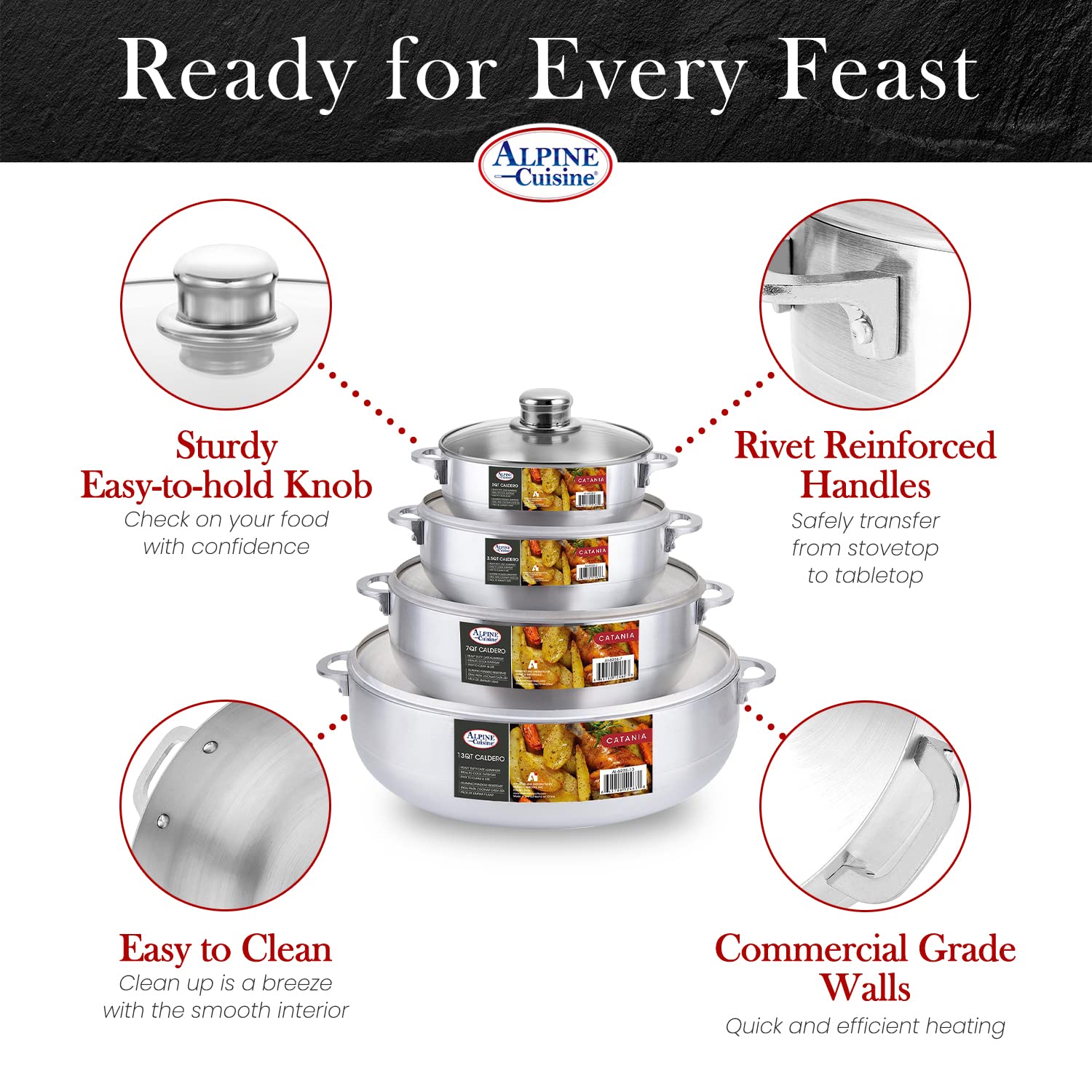 Alpine Cuisine 8pc Set Aluminum Caldero Stock Pot with Glass Lid, Cook