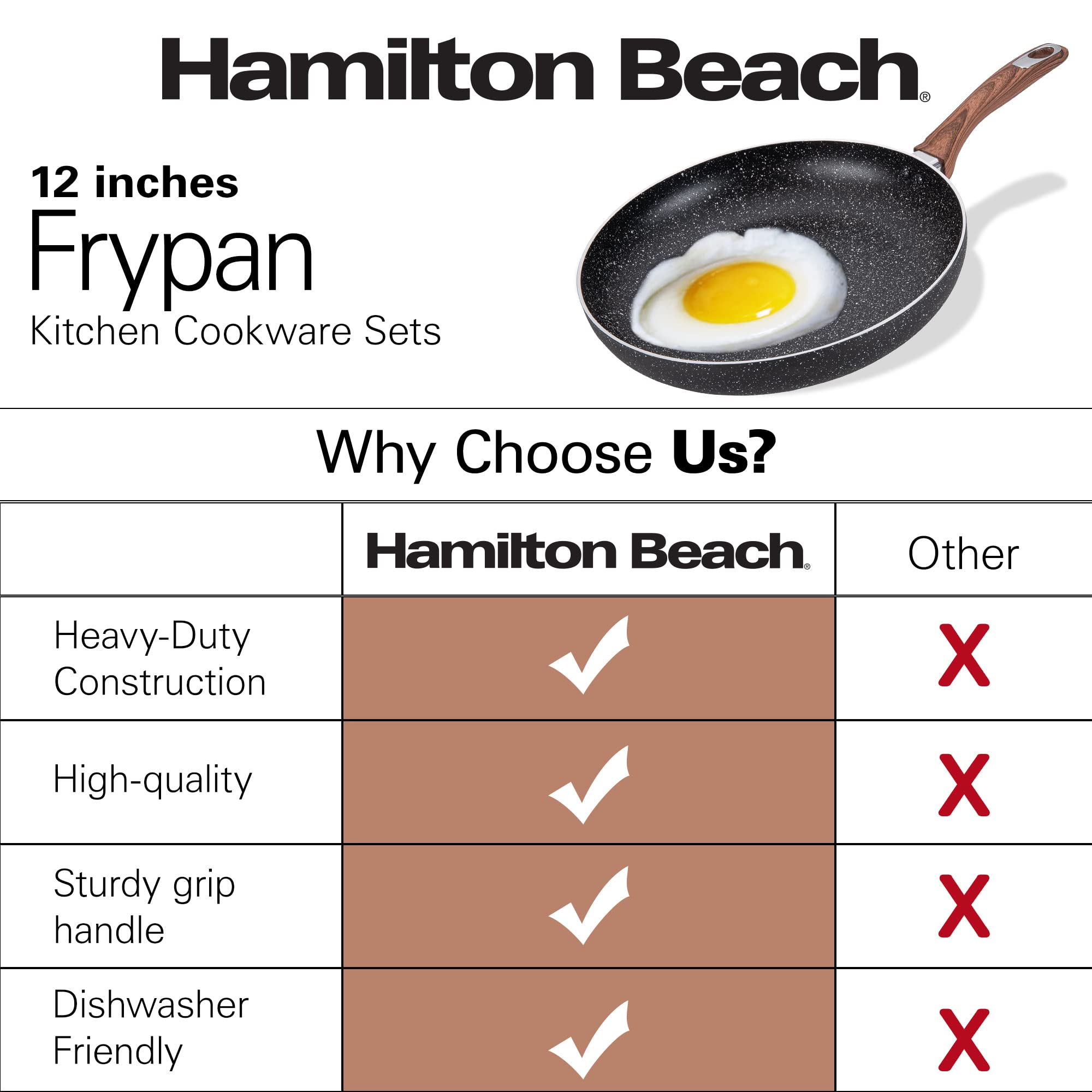 Hamilton Beach Fry Pan Aluminum 12-Inch, Nonstick with Marble Coating,