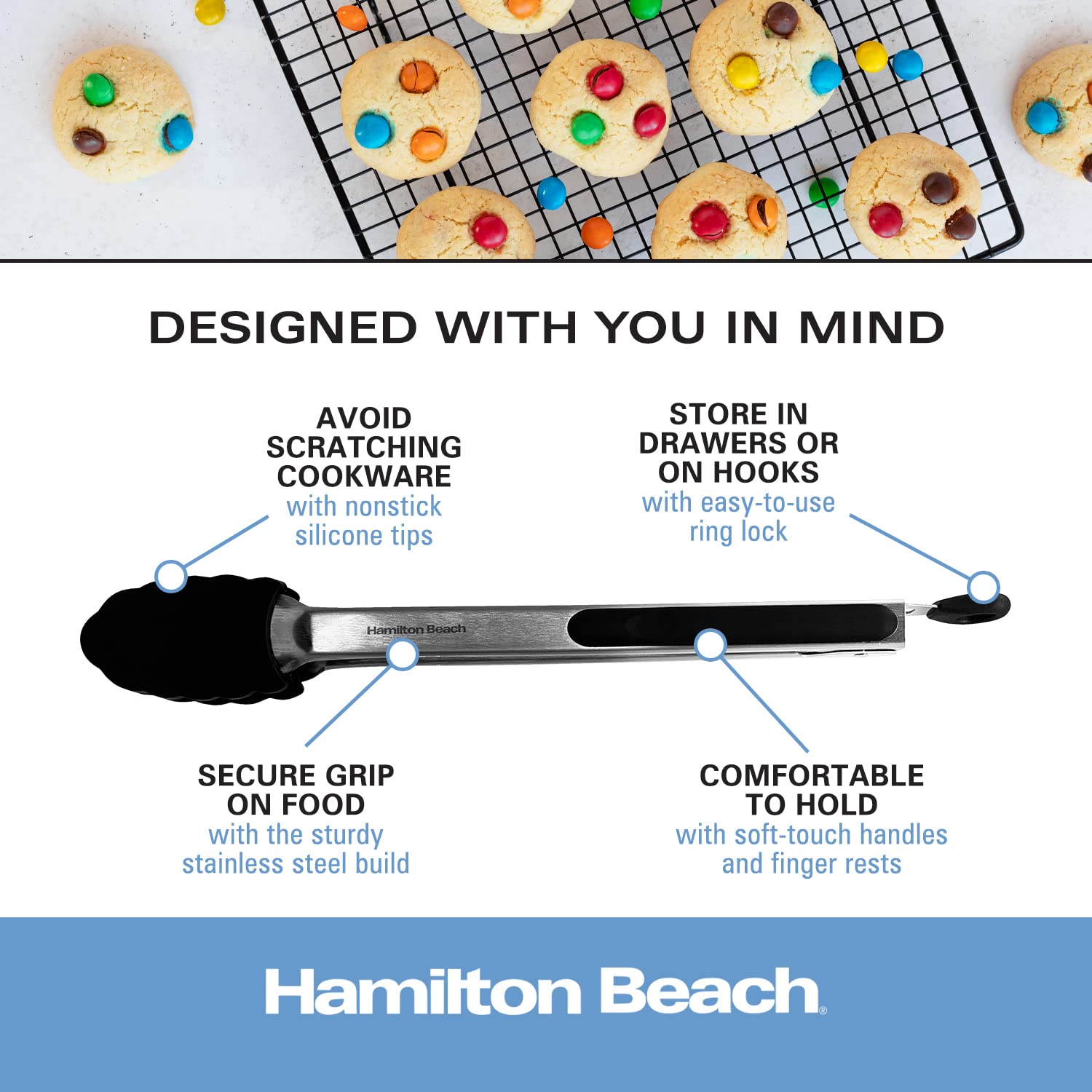 Hamilton Beach Stainless Steel 12in Food Tong with Silicon Top, Servin