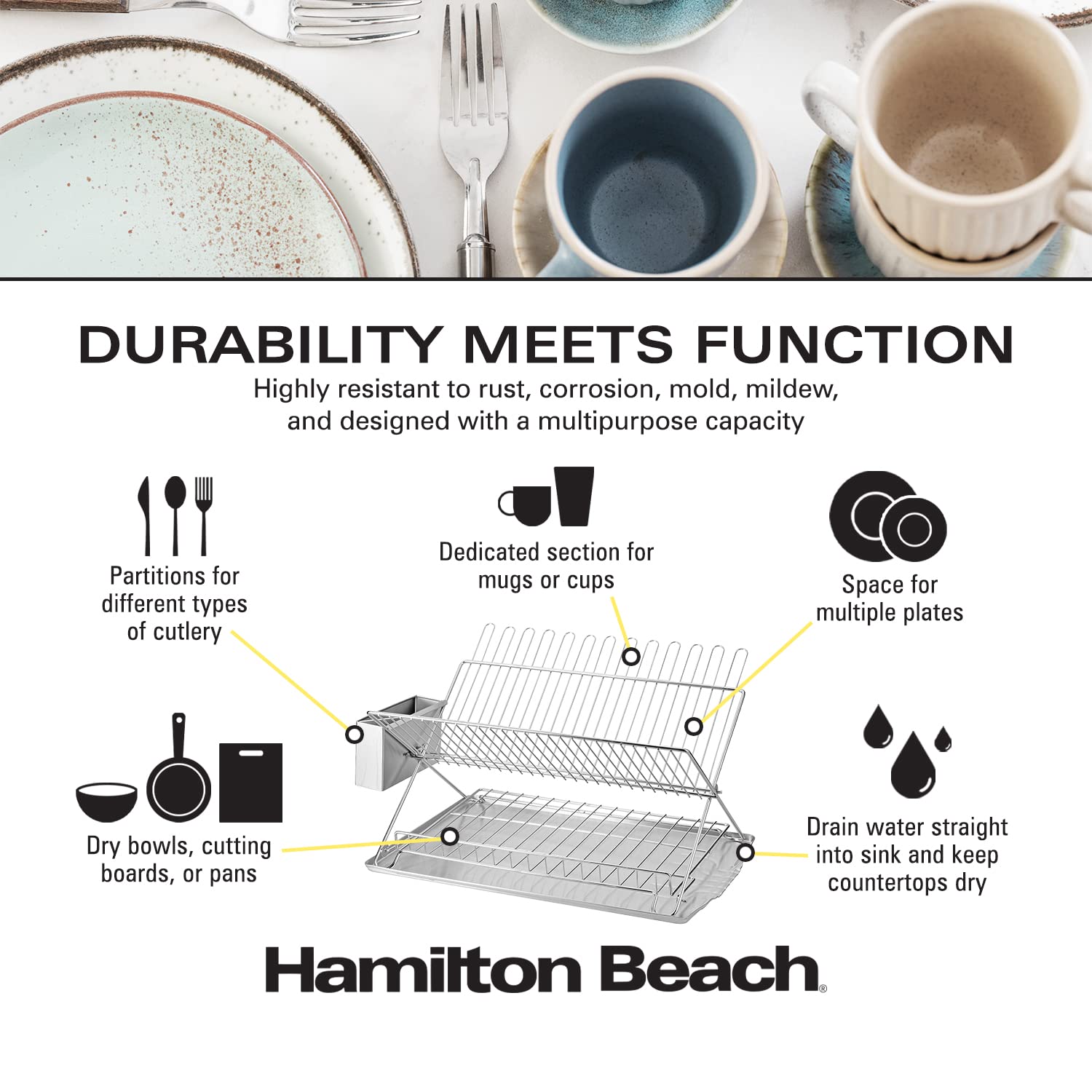 HAMILTON BEACH Dish Drying Rack 2 Tier with SS Cutlery Holder, Compact