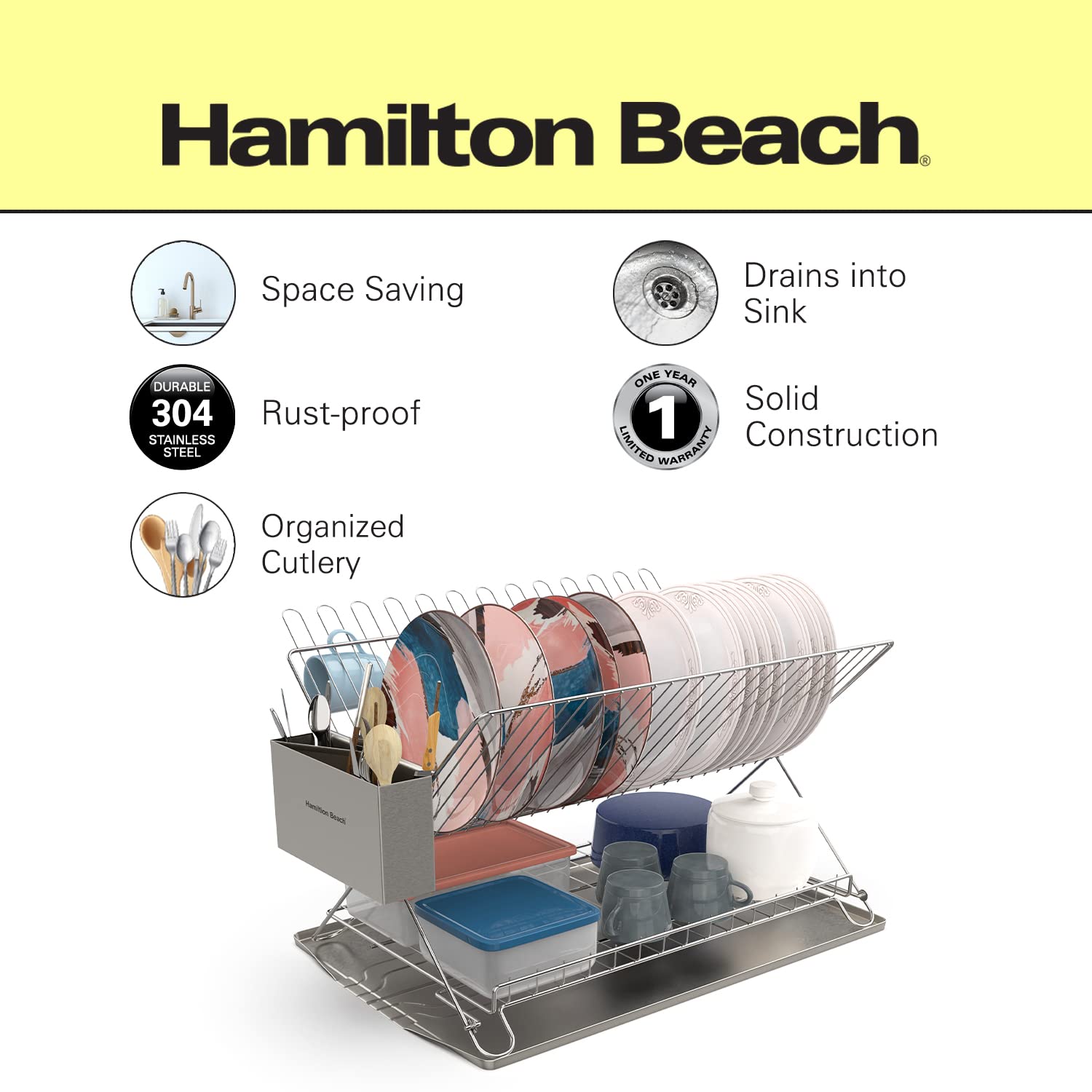HAMILTON BEACH Dish Drying Rack 2 Tier with SS Cutlery Holder, Compact