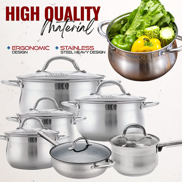 Alpine Cuisine Cookware Set 12-PC Belly Shape - Stainless Steel Cookwa