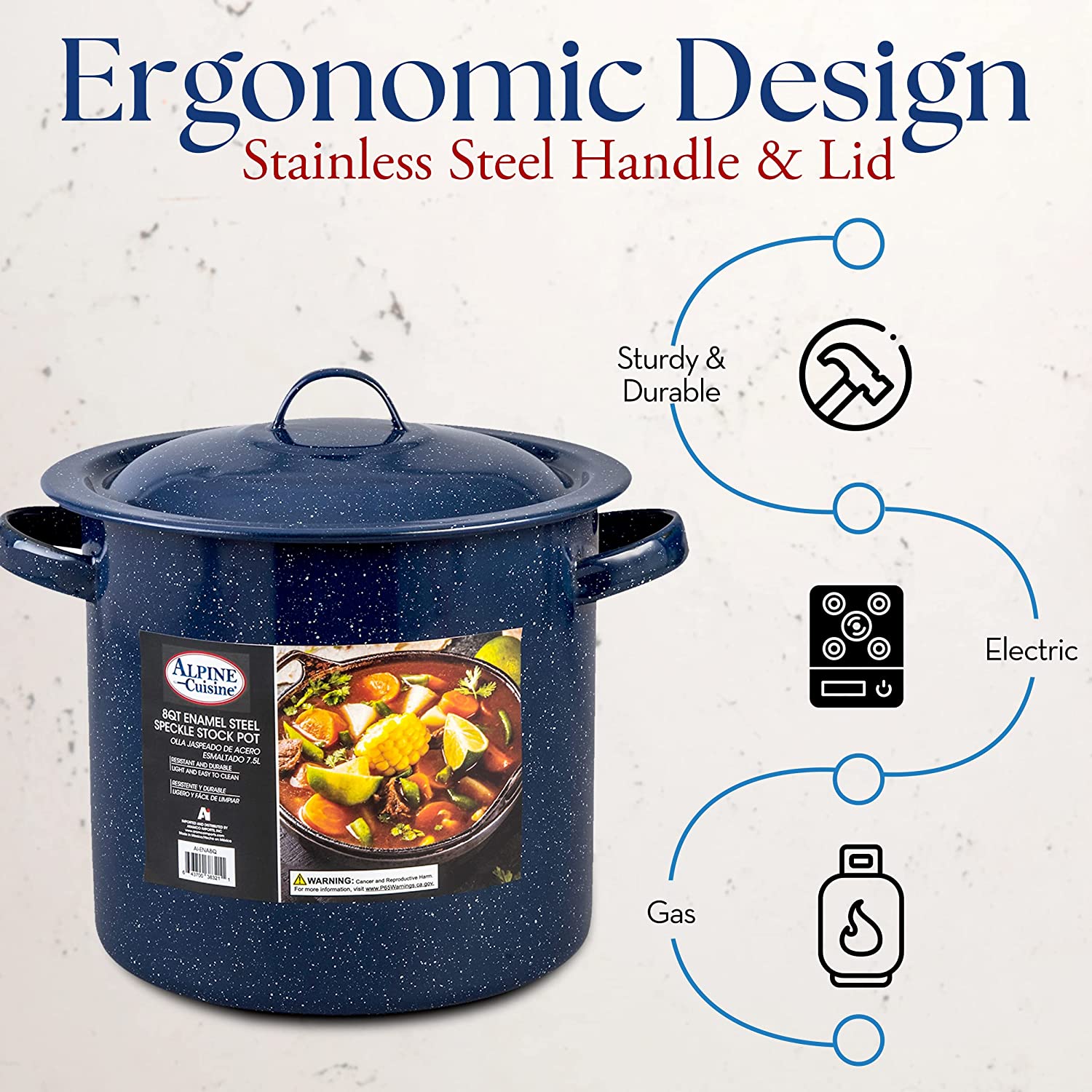 Alpine Cuisine Enamel Steel Dark Blue Speckle Stock Pot 8-qt with Lid,