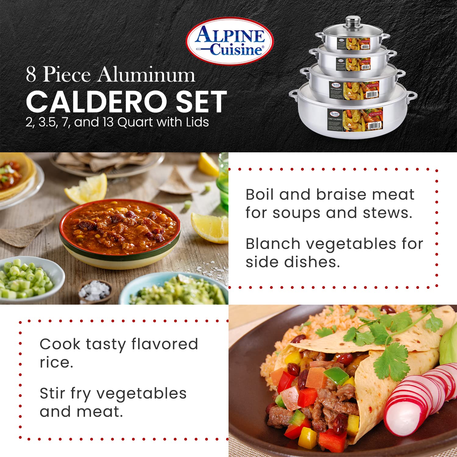 Alpine Cuisine 8pc Set Aluminum Caldero Stock Pot with Glass Lid, Cook