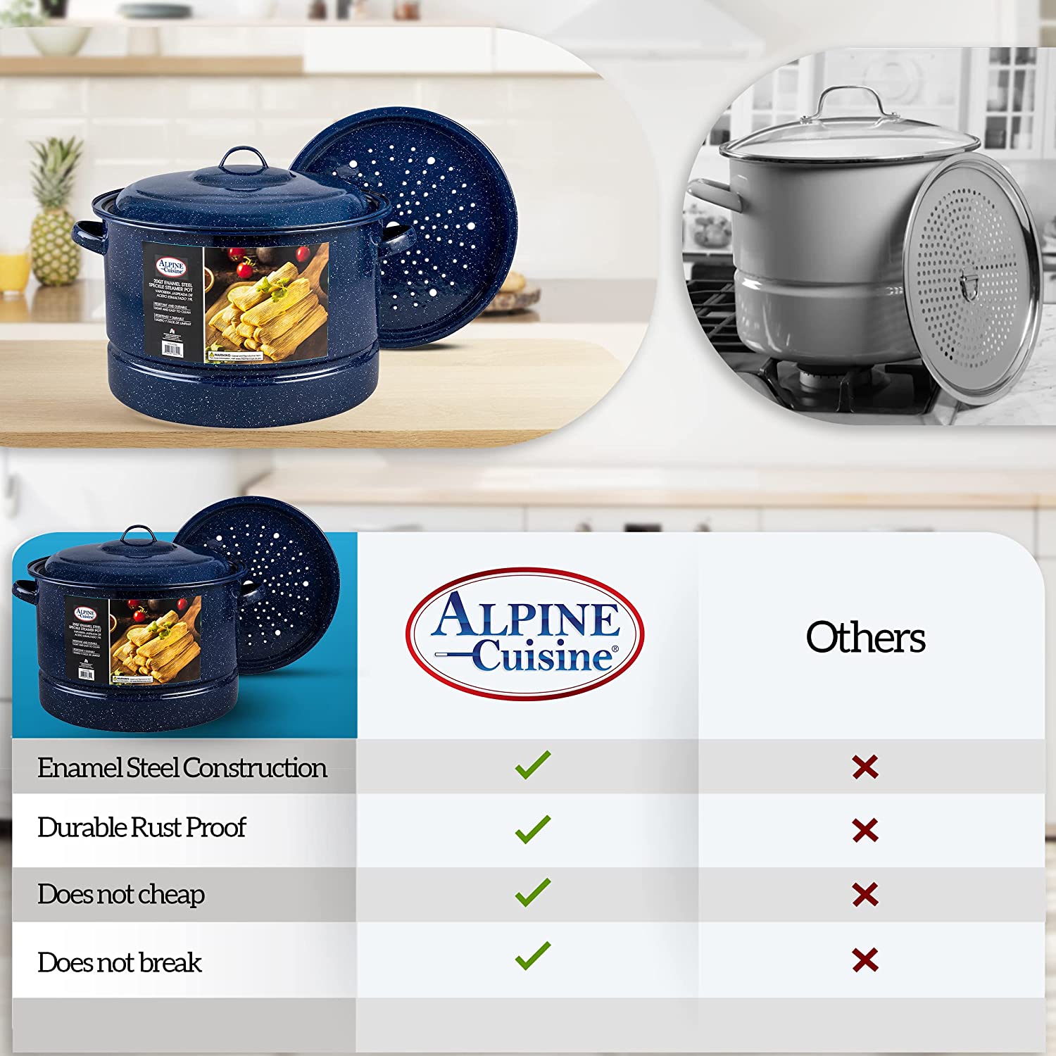 Alpine Cuisine Enamel Steel Dark Blue Speckle Steamer Pot, Nonstick He