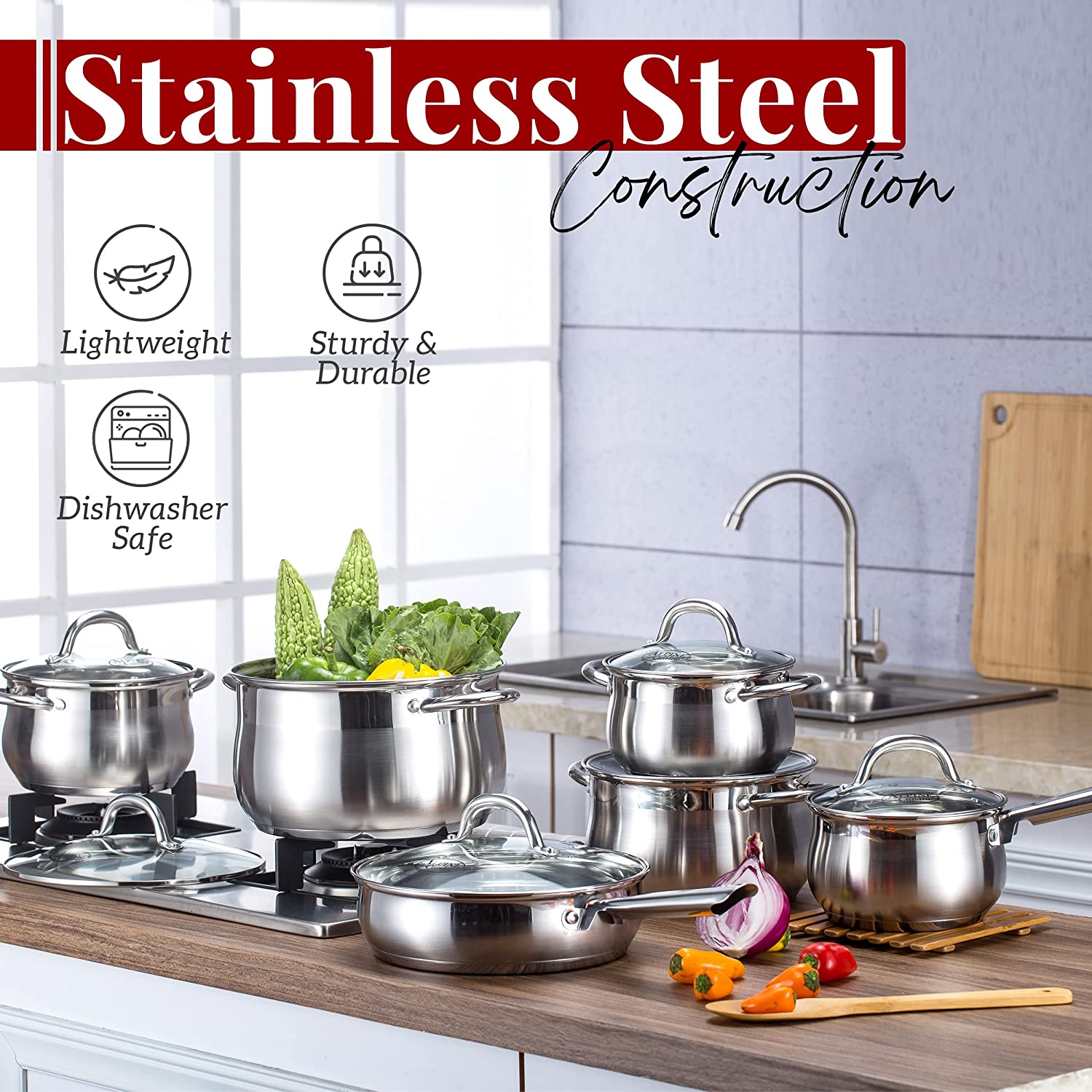 Alpine Cuisine Cookware Set 12-PC Belly Shape - Stainless Steel Cookwa