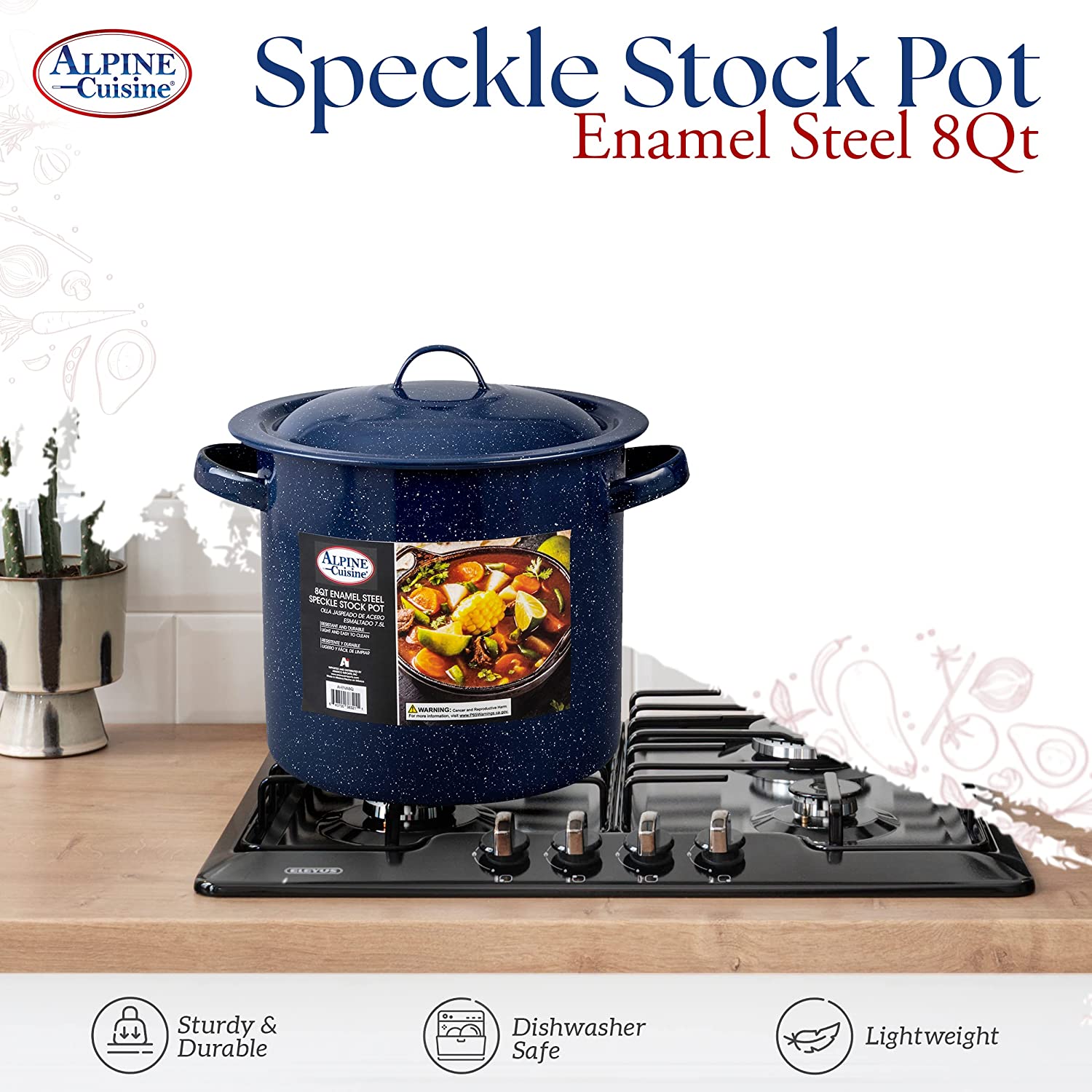 Alpine Cuisine Enamel Steel Dark Blue Speckle Stock Pot 8-qt with Lid,