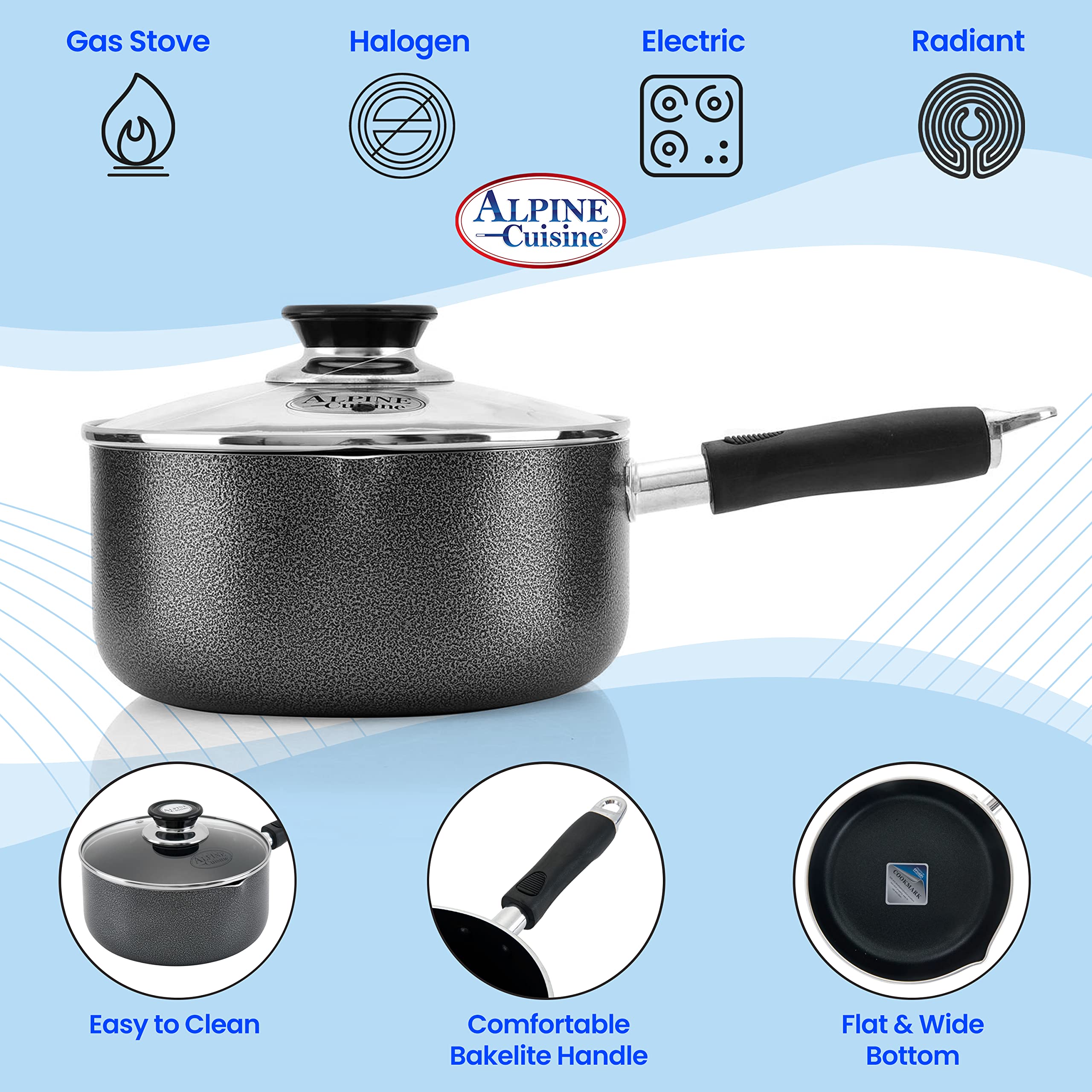 Alpine Cuisine Sauce Pan 1.5qt Aluminum Nonstick Coating Soft Touch Ba
