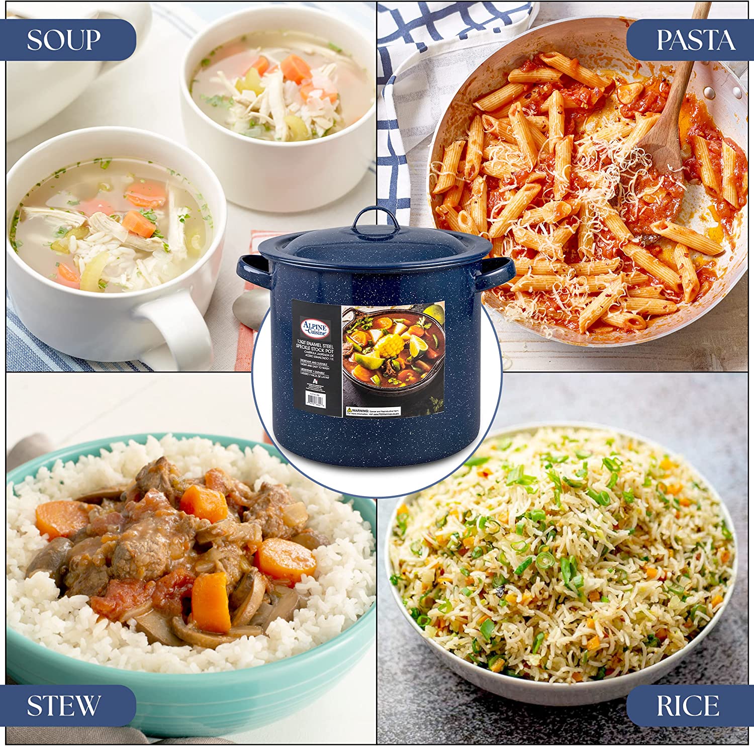 Alpine Cuisine Enamel Steel Dark Blue Speckle Stock Pot 12qt with Lid,