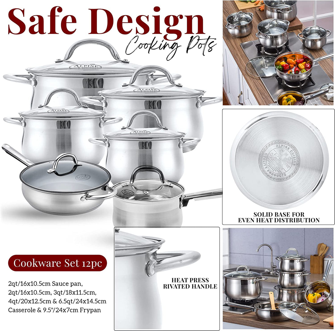 Alpine Cuisine Cookware Set 12-PC Belly Shape - Stainless Steel Cookwa